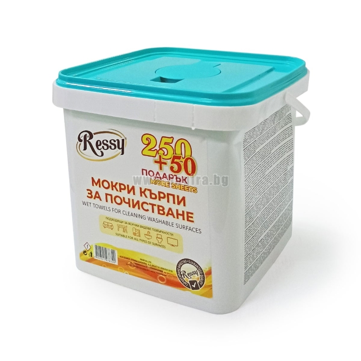 Универсални мокри кърпи за почистване RESSY в кофа - 250 броя + 50 броя ...